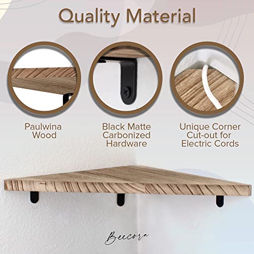 Beecora Corner Wall Shelf- Home Decor [3PC Set] w/Bonus Level Rustic Real Wood Farmhouse Shelves for Bedroom Wall Mounted Living Room Bathroom Organizer Kitchen Office Floating Shelf