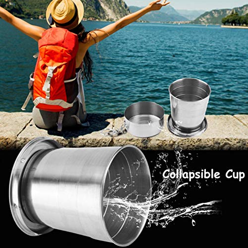 Omabeta Travel Folding Cup, Silver Portable Outdoor Tumbler Stainless Steel Collapsible Folding Cup Mini Lightweight Reusable Mugs with Key Chain for Traveling Camping(250ml)