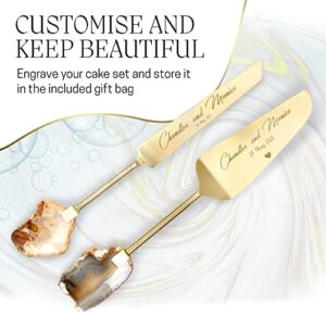 WANDA LIVING - - Handmade Gold Wedding Cake Knife & Server Set of 2 - - with Striking Natural Agate Crystal Embellishments - - Ideal for Weddings & Anniversaries - - Lead & Nickel Free