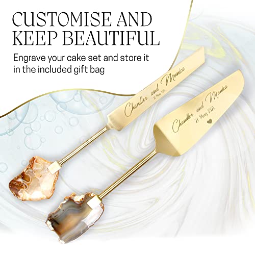 WANDA LIVING - - Handmade Gold Wedding Cake Knife & Server Set of 2 - - with Striking Natural Agate Crystal Embellishments - - Ideal for Weddings & Anniversaries - - Lead & Nickel Free