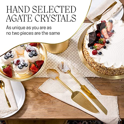 WANDA LIVING - - Handmade Gold Wedding Cake Knife & Server Set of 2 - - with Striking Natural Agate Crystal Embellishments - - Ideal for Weddings & Anniversaries - - Lead & Nickel Free