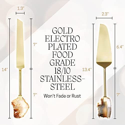 WANDA LIVING - - Handmade Gold Wedding Cake Knife & Server Set of 2 - - with Striking Natural Agate Crystal Embellishments - - Ideal for Weddings & Anniversaries - - Lead & Nickel Free