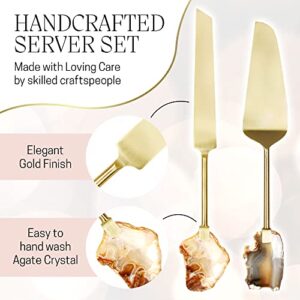 WANDA LIVING - - Handmade Gold Wedding Cake Knife & Server Set of 2 - - with Striking Natural Agate Crystal Embellishments - - Ideal for Weddings & Anniversaries - - Lead & Nickel Free