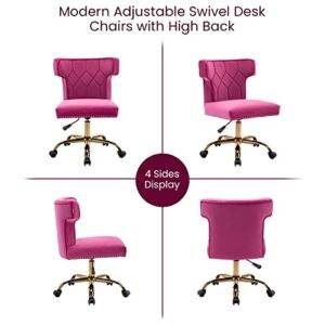 Recaceik Modern Velvet Home Office Chair, Adjustable Leisure Swivel Desk Chairs with High Back 360 Degree Castor Gold Wheels for Living Room/Bedroom/Office (Deep Pink)