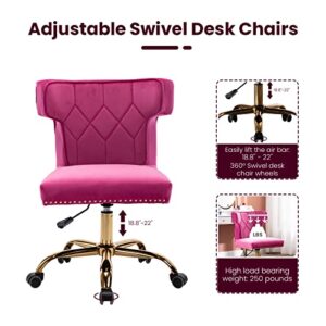 Recaceik Modern Velvet Home Office Chair, Adjustable Leisure Swivel Desk Chairs with High Back 360 Degree Castor Gold Wheels for Living Room/Bedroom/Office (Deep Pink)