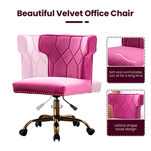 Recaceik Modern Velvet Home Office Chair, Adjustable Leisure Swivel Desk Chairs with High Back 360 Degree Castor Gold Wheels for Living Room/Bedroom/Office (Deep Pink)