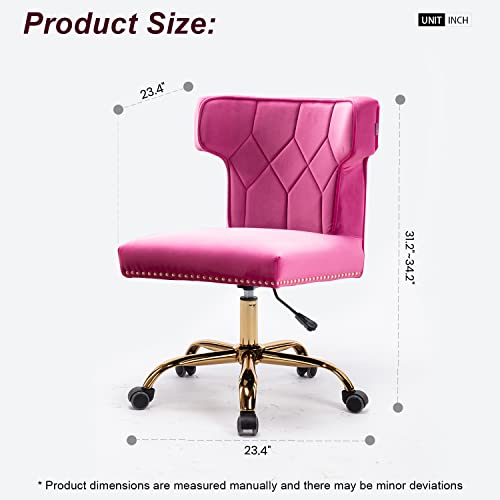 Recaceik Modern Velvet Home Office Chair, Adjustable Leisure Swivel Desk Chairs with High Back 360 Degree Castor Gold Wheels for Living Room/Bedroom/Office (Deep Pink)