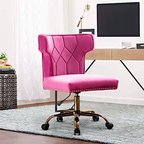 Recaceik Modern Velvet Home Office Chair, Adjustable Leisure Swivel Desk Chairs with High Back 360 Degree Castor Gold Wheels for Living Room/Bedroom/Office (Deep Pink)