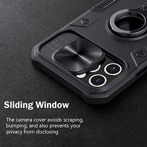 CloudValley Compatible with iPhone 12, 12 Pro Case with Camera Cover & Kickstand, Slide Lens Protector + 360° Rotate Ring Stand, Black Armor Style, Impact-Resistant, Shockproof, Protective Bumper