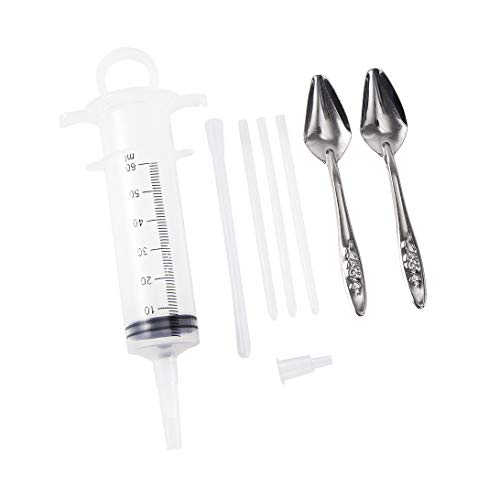 FULAIERGD 60ML Baby Bird Parrot Feeding Tubes, Liquid Medicine Feeder Push-Tube Pet Cat Dog Feeding Medicine with 2 Pcs Stainless Steel Metal Feeding Spoon (60ML)