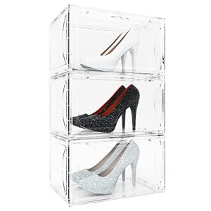 GUEQUITLEX 3 Pack Shoe Boxes Clear Shoe Box Plastic Shoe Display Boxes Organizer Large Shoe Container 14.6''x8.3''x10.2''Magnetic Side Open Stackable Shoe Boxes (Transparent)