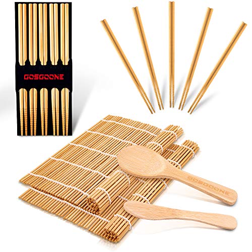 9PCS Premium Sushi Making Kit, Thicken Bamboo Sushi Mat, Including 2 Sushi Roller, 5 Pairs of Reusable Chopsticks, 1 Paddle, 1 Spreader, Sushi Maker Kit Set Ideal for Beginners by GOSGOONE