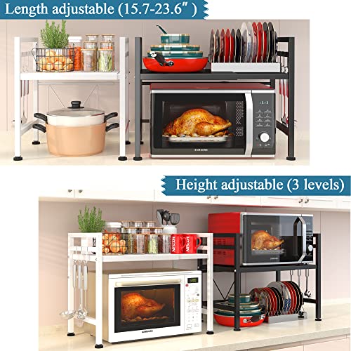 PUSDON Extendable Microwave Oven Rack, Adjustable Microwave/Toaster Shelf Heavy Duty Stand Kitchen Counter Top Organizer(L15.7~23.6" xW12.6 xH18.9), 2-Tier with 3 Hooks, 160lbs Weight Capacity, Black