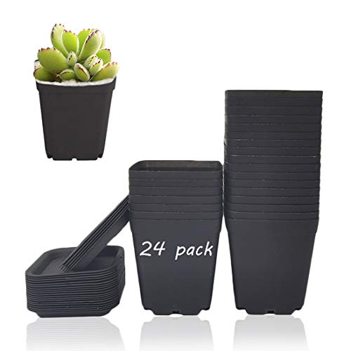 24 Pack 3 Inch Black Square Plastic Nursery Pots,Flowers Plant Pot Container with Saucers for Indoor Outdoor Plants,Herbs,Foliage Plant and Seeding Nursery