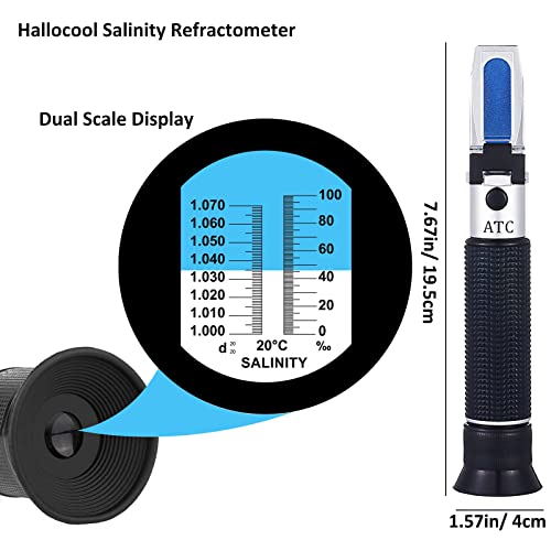 Hallocool Salinity Refractometer for Aquarium Seawater Marine Fishkeeping Saltwater Refractometer Dual Scale Specific Gravity Salinity Tester 0-100‰ & 1.000-1.070 Salinity Hydrometer with ATC