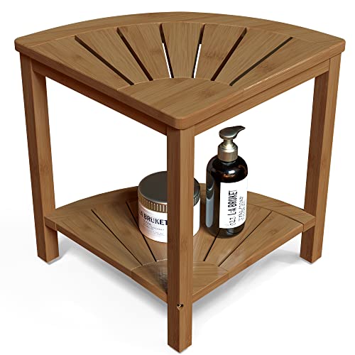 Zhuoyue Bamboo Corner Shower Stool Bench Waterproof with Storage Shelf, for Shaving Legs or Seat in Bathroom & Inside Shower (Walnut)