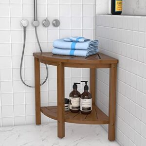 Zhuoyue Bamboo Corner Shower Stool Bench Waterproof with Storage Shelf, for Shaving Legs or Seat in Bathroom & Inside Shower (Walnut)