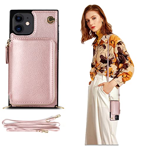 DEFBSC Crossbody Zipper Wallet iPhone 12 Pro Max Case, Square Wallet Case Crossbody Chain Credit Card Holder Slot Shoulder Handbag Purse Wrist Strap Case for iPhone 12 Pro Max 6.7 Inch(Rose Gold)