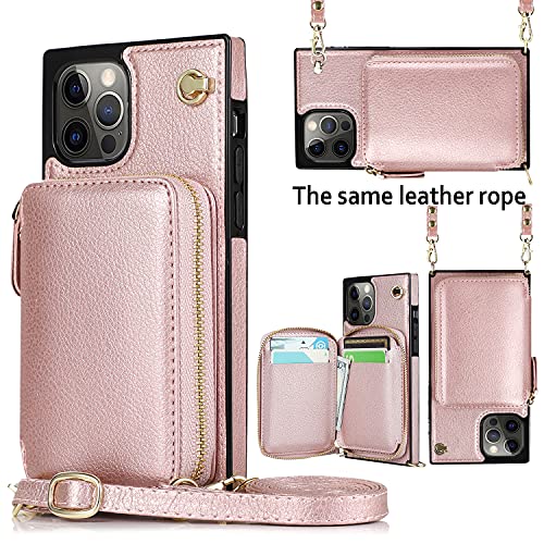 DEFBSC Crossbody Zipper Wallet iPhone 12 Pro Max Case, Square Wallet Case Crossbody Chain Credit Card Holder Slot Shoulder Handbag Purse Wrist Strap Case for iPhone 12 Pro Max 6.7 Inch(Rose Gold)