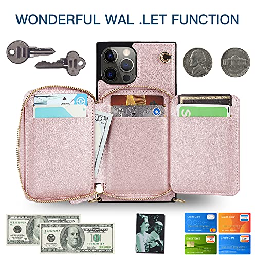 DEFBSC Crossbody Zipper Wallet iPhone 12 Pro Max Case, Square Wallet Case Crossbody Chain Credit Card Holder Slot Shoulder Handbag Purse Wrist Strap Case for iPhone 12 Pro Max 6.7 Inch(Rose Gold)