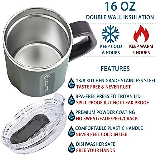 VOLCAROCK Camping Mug with Lid and Handle, 16oz Insulated Stainless Steel Coffee Travel Mug, BPA Free Coffee Mug, Perfect for Hot & Cold Drinks (Grey)