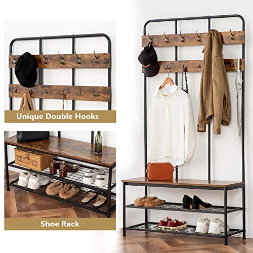 HOOBRO Hall Tree and Shoe Bench Bundle, Coat Rack Shoe Bench, 3-Tier Shoe Rack, Industrial Shoe Storage Unit Flat & Slant Adjustable Shoe Organizer Shelf