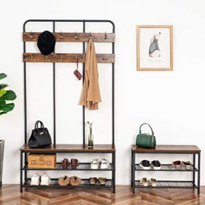 HOOBRO Hall Tree and Shoe Bench Bundle, Coat Rack Shoe Bench, 3-Tier Shoe Rack, Industrial Shoe Storage Unit Flat & Slant Adjustable Shoe Organizer Shelf