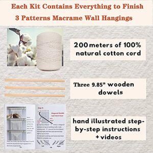 DIY Macrame Wall Hanging Kits, 3 Patterns Macrame DIY Wall Hangers for Beginners, Home Decor with 200 Meters Macrame Cord, 3 PCS Wooden Dowels and Instruction Booklet for Macrame Starters