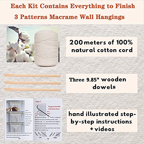 DIY Macrame Wall Hanging Kits, 3 Patterns Macrame DIY Wall Hangers for Beginners, Home Decor with 200 Meters Macrame Cord, 3 PCS Wooden Dowels and Instruction Booklet for Macrame Starters