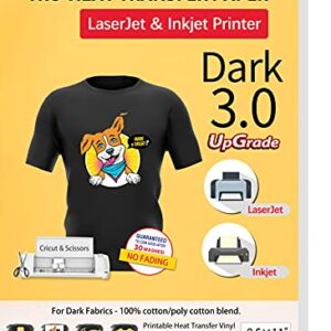 TransOurDream Iron on Heat Transfer Paper for Dark T Shirts (20 Sheets 8.5x11", Dark 3.0) Printable HTV Heat Transfer Vinyl for Inkjet & Laserjet Printer Iron On transfers for T Shirts (TRANS-D3-20)