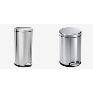 simplehuman 30 liter / 8 gallon round step trash can, brushed stainless steel & gallon round bathroom step trash can, 4.5 liter / 1.2 gallon, brushed stainless steel