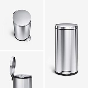 simplehuman 30 Liter / 8 Gallon Round Step Trash Can, Brushed Stainless Steel & Gallon Round Bathroom Step Trash Can, 4.5 Liter / 1.2 Gallon, Brushed Stainless Steel