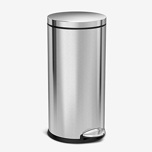 simplehuman 30 Liter / 8 Gallon Round Step Trash Can, Brushed Stainless Steel & Gallon Round Bathroom Step Trash Can, 4.5 Liter / 1.2 Gallon, Brushed Stainless Steel