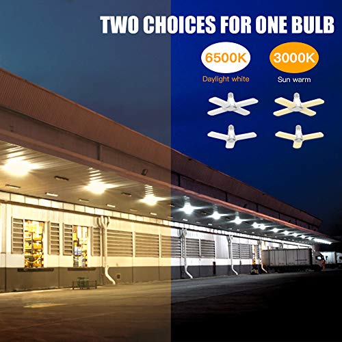 QUANXI 2 Packs LED Garage Lights 30W, 3000 Lumens, Ceiling Lights for Garage,E26 Tribright LED Ceiling Light, 3 Adjustable Panels Garage Light Bulb for Garage, Warehouse, Workshop, Basement