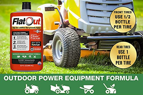 FlatOut Tire Sealant Outdoor Power Equipment Formula - with Valve Core Tool and Replacement Valve Core, Prevent Flat Tires, Seal Leaks, Contains Kevlar, 32-Ounce Bottle, 1-Pack