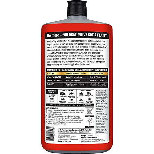 FlatOut Tire Sealant Outdoor Power Equipment Formula - with Valve Core Tool and Replacement Valve Core, Prevent Flat Tires, Seal Leaks, Contains Kevlar, 32-Ounce Bottle, 1-Pack