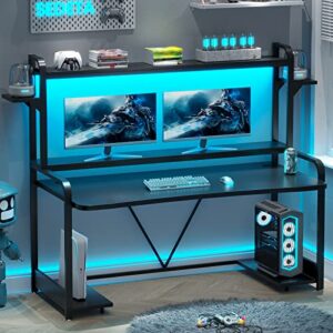 SEDETA Gaming Desk, 55" Computer Desk with Shelves, LED Lights, Hutch & Monitor Shelf, Large PC Gamer Desk Workstation, Gaming Table for Bedroom, Studying Writing Desk for Home Office, Black