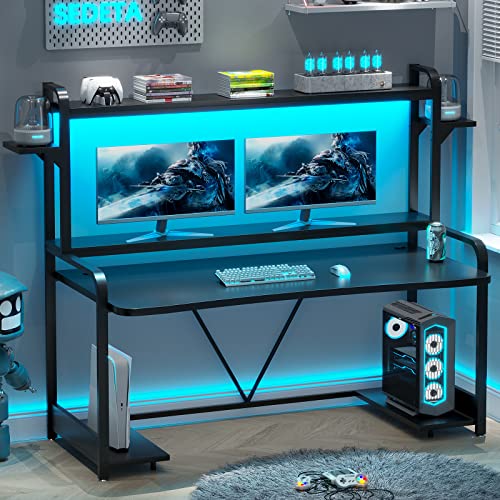 SEDETA Gaming Desk, 55" Computer Desk with Shelves, LED Lights, Hutch & Monitor Shelf, Large PC Gamer Desk Workstation, Gaming Table for Bedroom, Studying Writing Desk for Home Office, Black