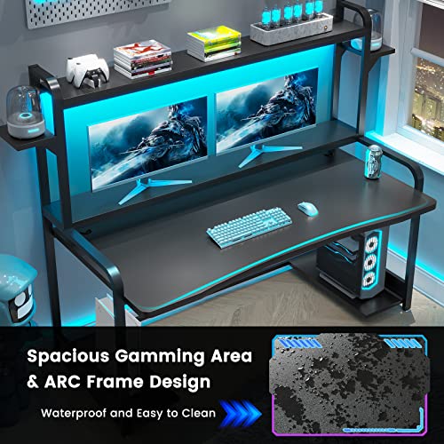 SEDETA Gaming Desk, 55" Computer Desk with Shelves, LED Lights, Hutch & Monitor Shelf, Large PC Gamer Desk Workstation, Gaming Table for Bedroom, Studying Writing Desk for Home Office, Black