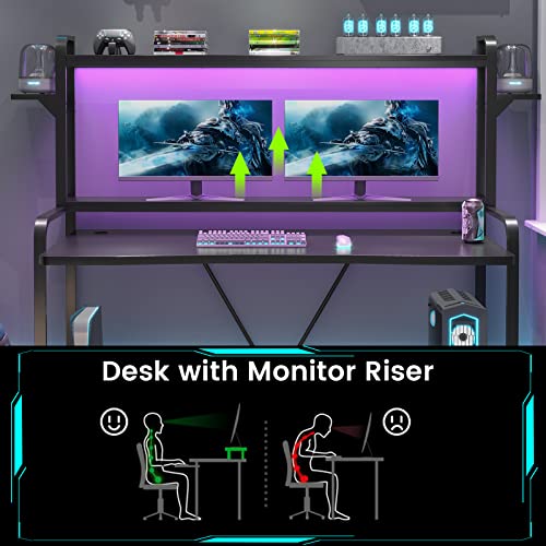 SEDETA Gaming Desk, 55" Computer Desk with Shelves, LED Lights, Hutch & Monitor Shelf, Large PC Gamer Desk Workstation, Gaming Table for Bedroom, Studying Writing Desk for Home Office, Black