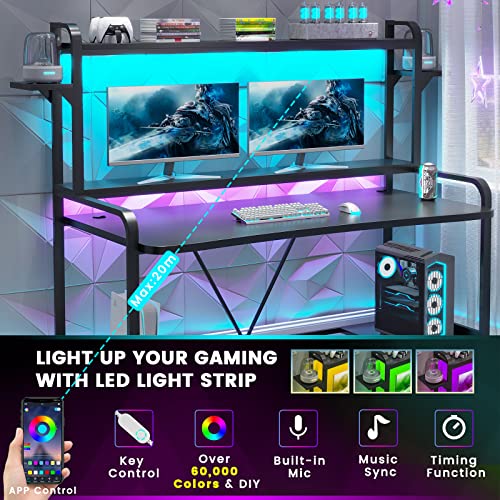 SEDETA Gaming Desk, 55" Computer Desk with Shelves, LED Lights, Hutch & Monitor Shelf, Large PC Gamer Desk Workstation, Gaming Table for Bedroom, Studying Writing Desk for Home Office, Black