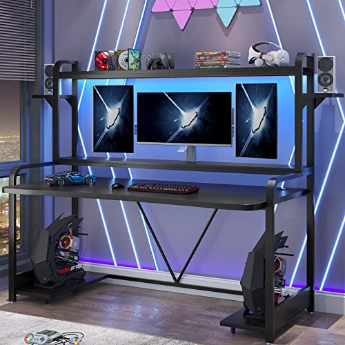 SEDETA Gaming Desk, 55" Computer Desk with Shelves, LED Lights, Hutch & Monitor Shelf, Large PC Gamer Desk Workstation, Gaming Table for Bedroom, Studying Writing Desk for Home Office, Black