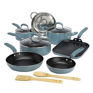 goodful cookware set with premium non-stick coating, dishwasher safe pots and pans, tempered glass steam vented lids, stainless steel steamer, and bamboo cooking utensils set, 12-piece, turquoise