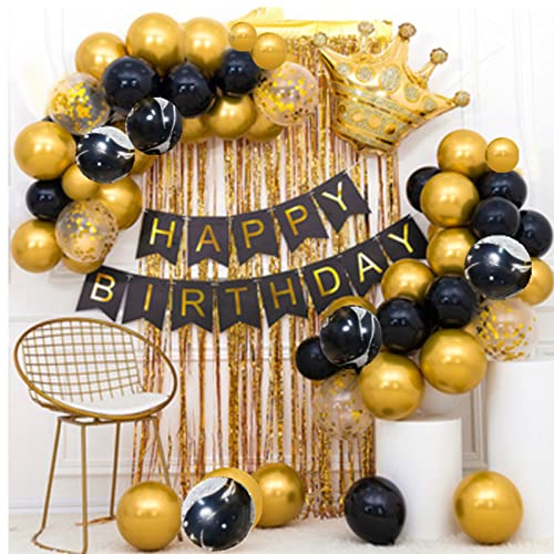 Black Gold Birthday Party Decoration Set, Including Happy Birthday Banner, Balloons, Metallic Fringe Curtain, Flower Pompoms, Golden Crown, Suit Perfect For Girls or Boys, Men or Women Birthday Party