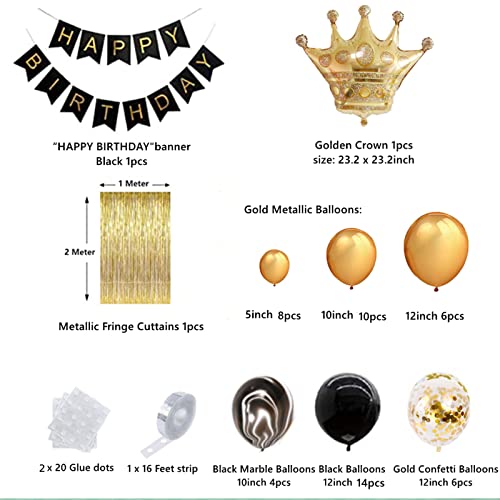 Black Gold Birthday Party Decoration Set, Including Happy Birthday Banner, Balloons, Metallic Fringe Curtain, Flower Pompoms, Golden Crown, Suit Perfect For Girls or Boys, Men or Women Birthday Party