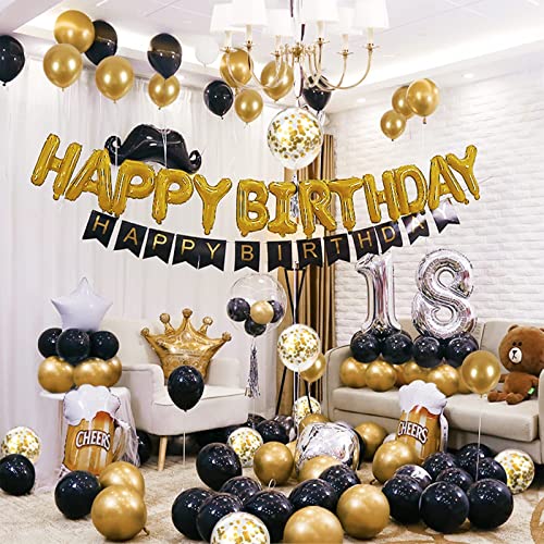 Black Gold Birthday Party Decoration Set, Including Happy Birthday Banner, Balloons, Metallic Fringe Curtain, Flower Pompoms, Golden Crown, Suit Perfect For Girls or Boys, Men or Women Birthday Party