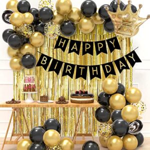 Black Gold Birthday Party Decoration Set, Including Happy Birthday Banner, Balloons, Metallic Fringe Curtain, Flower Pompoms, Golden Crown, Suit Perfect For Girls or Boys, Men or Women Birthday Party