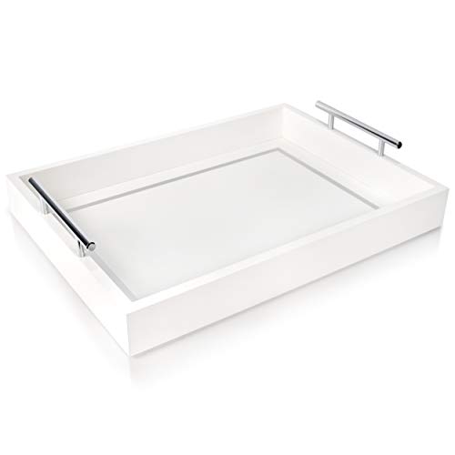 Deluxe Tray for Coffee Table – Beautiful White Tray Decor, White Coffee Table Tray Decor, White Serving Tray with Silver Metal Handles for Your Home -16x12