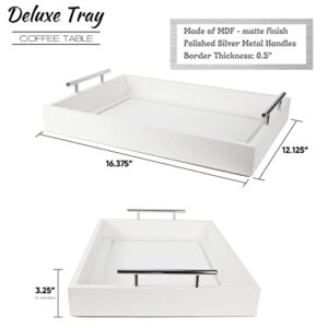 Deluxe Tray for Coffee Table – Beautiful White Tray Decor, White Coffee Table Tray Decor, White Serving Tray with Silver Metal Handles for Your Home -16x12