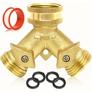 garden hose splitter 2 way - heavy duty solid brass hose y splitter，hose faucet splitter,3/4" brass hose adapter connectors shut off valve, hose spigot adapter 2 valves, plus 4 extra rubber washers.